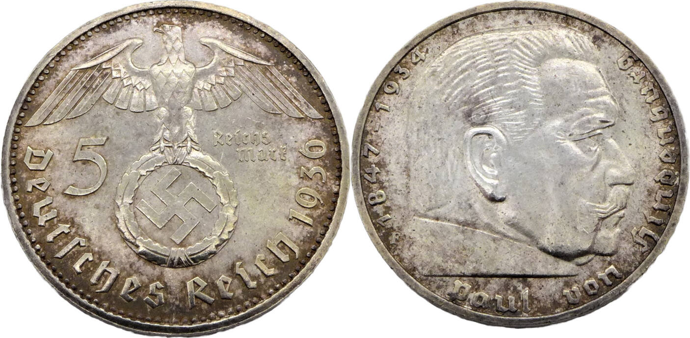 Deutsches Reich 5 Reichsmark 1936 F Fünf Reichsmark / Paul von Hindenburg (1847-1934) Vzgl/stgl ...