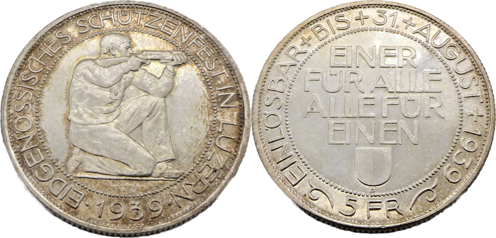 Schweiz 5 Franken Eidgenössisches Schützenfest 1939 in Luzern Vzgl/stgl,schöne Patina | MA-Shops
