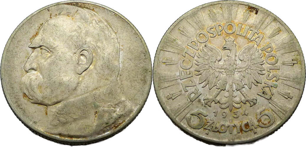 Polen 5 Zloty 1934 Josef Pilsudski Vzgl, leichte Patina | MA-Shops
