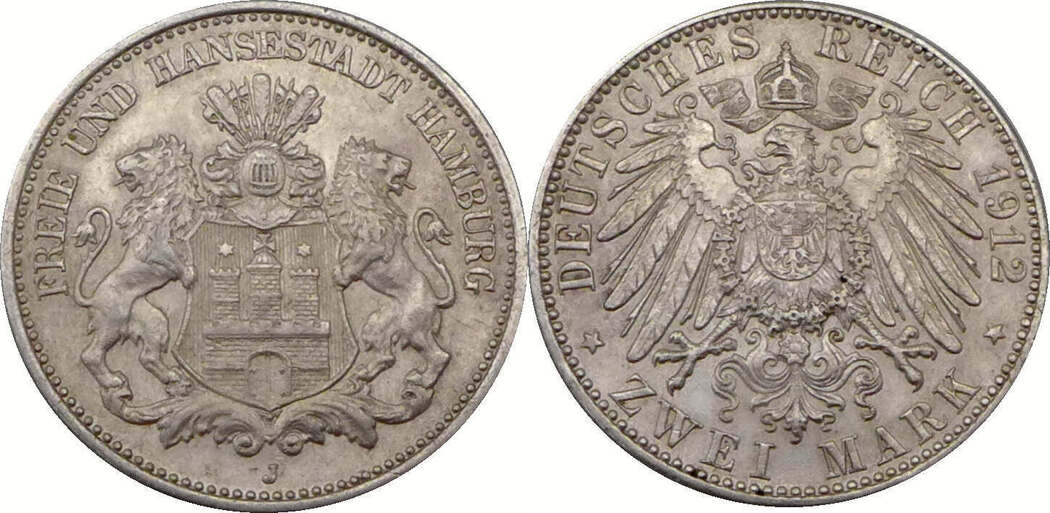 Hamburg, Freie und Hansestadt 2 Mark 1912 J Freie und Hansestadt ...