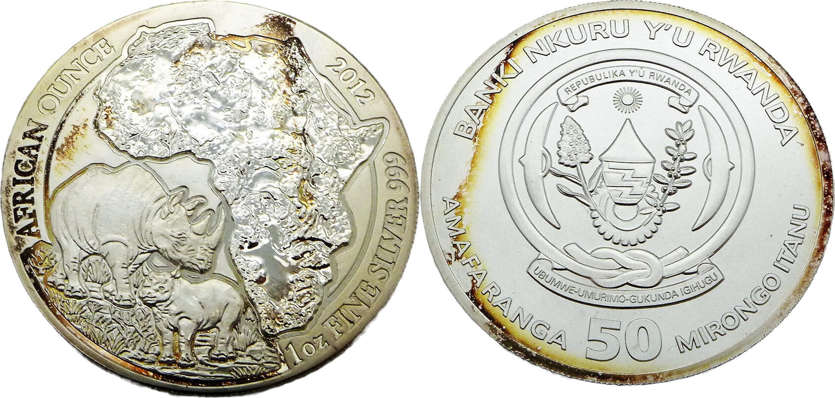 Ruanda 50 Amafaranga / 1 Oz 2012 Nashorn Stempelglanz / Patina | MA-Shops