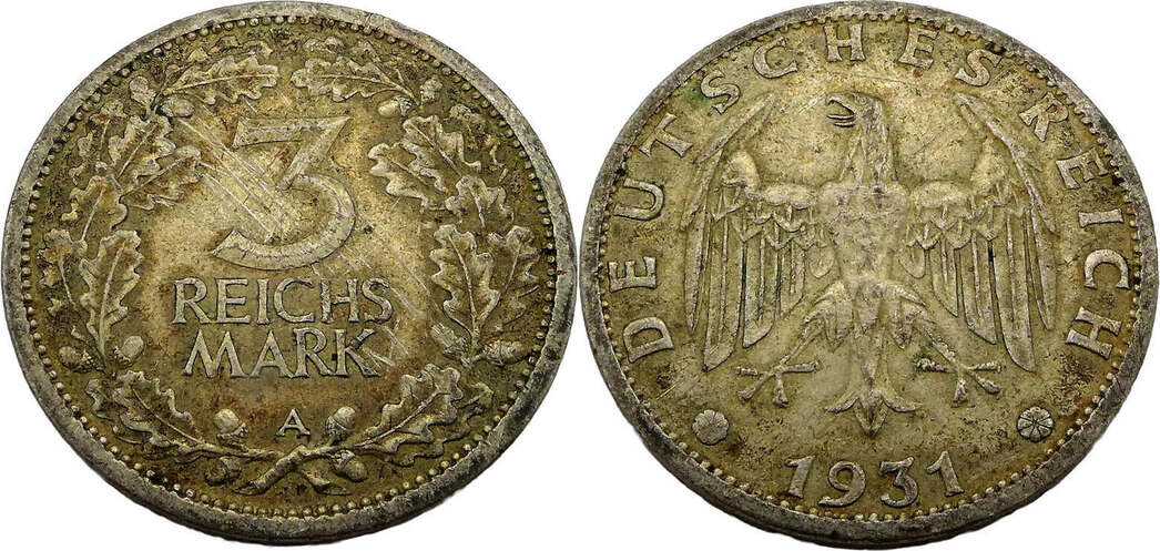 Weimarer Republik 3 Reichsmark 1931 A Drei Reichsmark ss, Kratzer ...