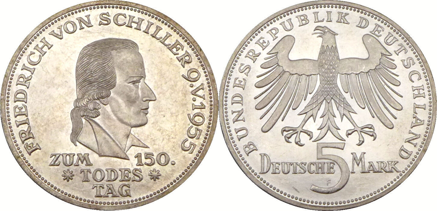 Bundesrepublik Deutschland / BRD 5 Deutsche Mark / 5 DM 1955 F Zum 150. Todestag von Friedrich ...