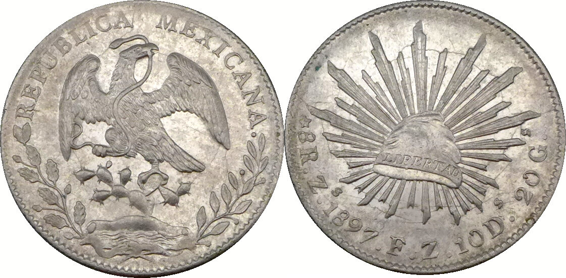 Mexiko 8 Reales 1897 Zs FZ Libertad - Zacatecas - Republica Mexicana ss/vzgl | MA-Shops
