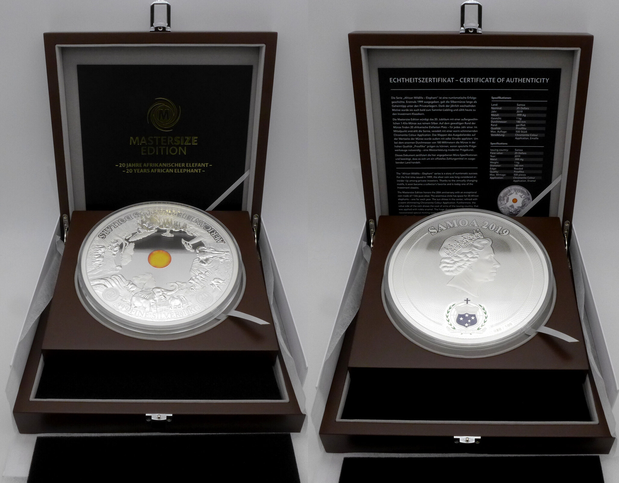 Samoa 25 Dollars 2019 Mastersize Edition - 20 Years African Elephant ...