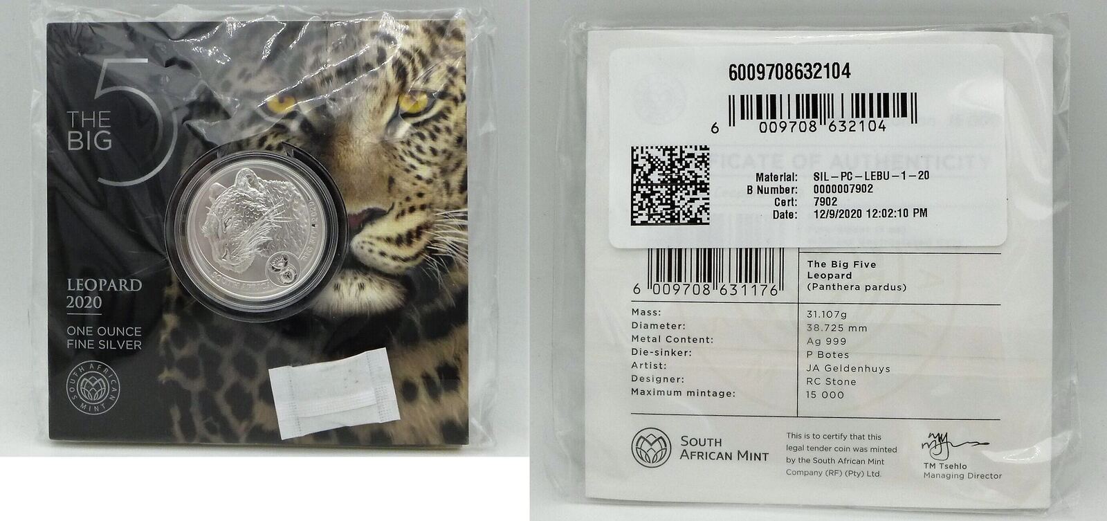 Südafrika 5 Rand / 1 Oz 2020 The Big 5 / Leopard Stempelglanz / OVP ...