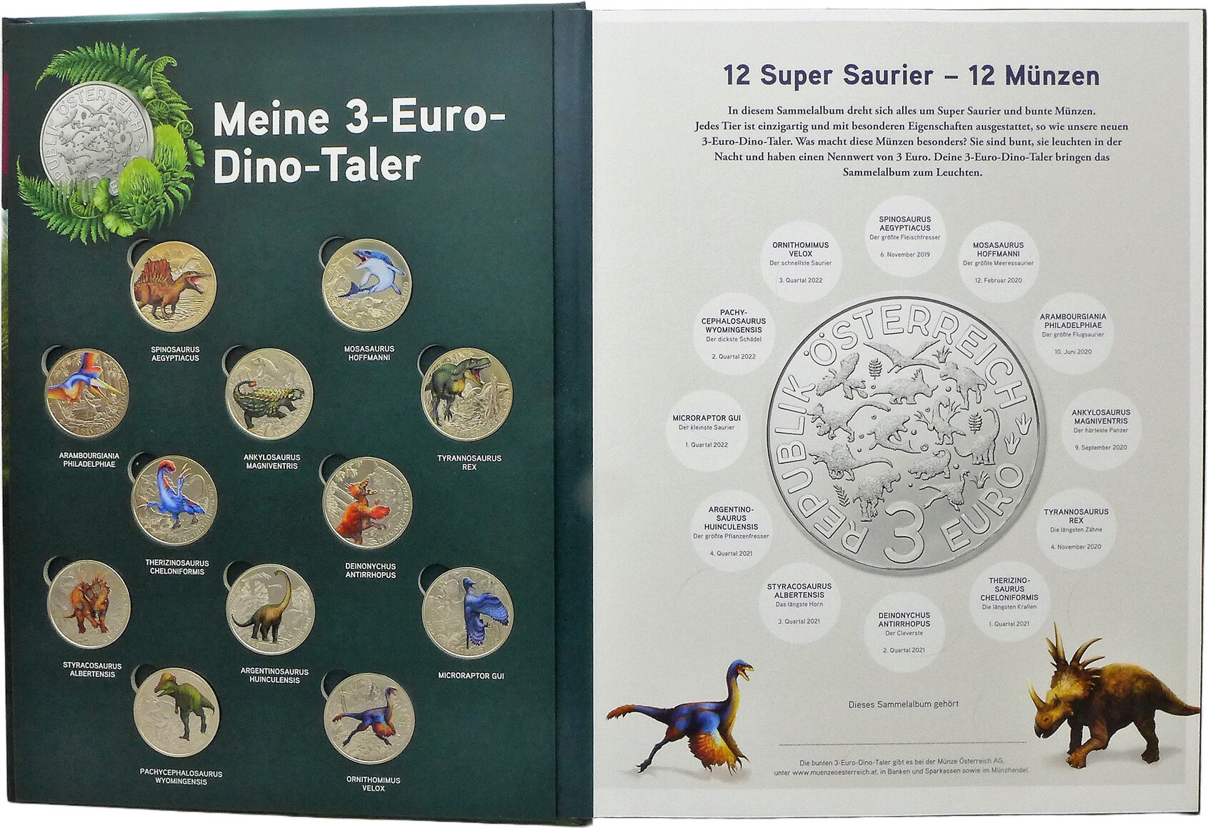 Österreich 12x 3 Euro 2019-2022 3 Euro Dino-Taler / Die Super-Saurier ...