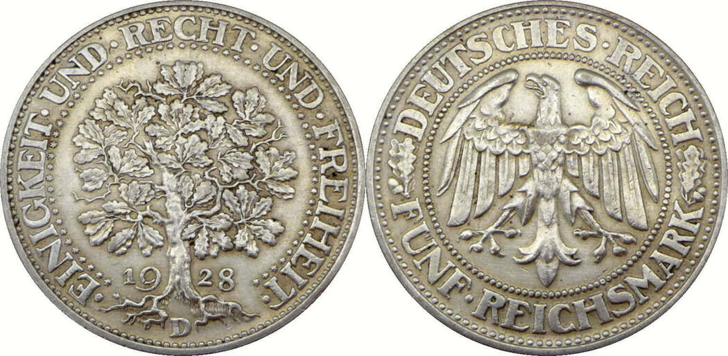 Deutschland / Weimarer Republik 5 Reichsmark 1928 D Eichbaum - Fünf ...