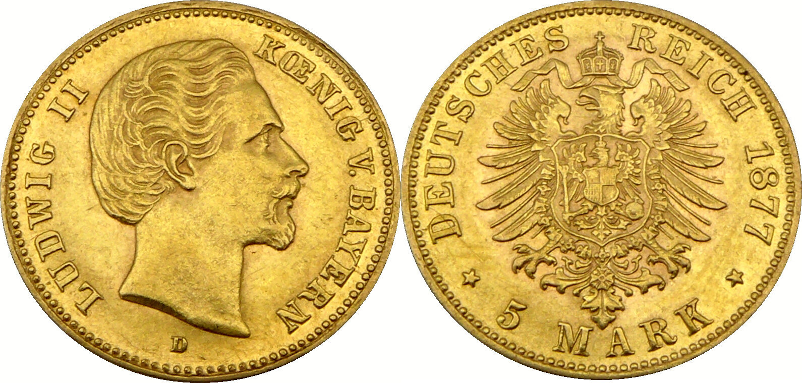 5 Mark 1877 D Ludwig II. (1864-1886) - König von Bayern - Fünf Mark ...