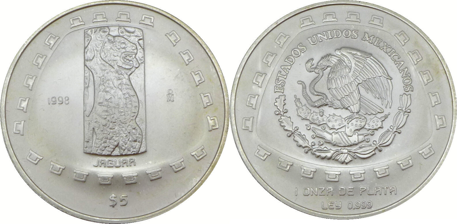 Mexiko 5 Pesos / $5 1998 Mo Jaguar - 1 Onza de Plata - Ley 0.999 ...
