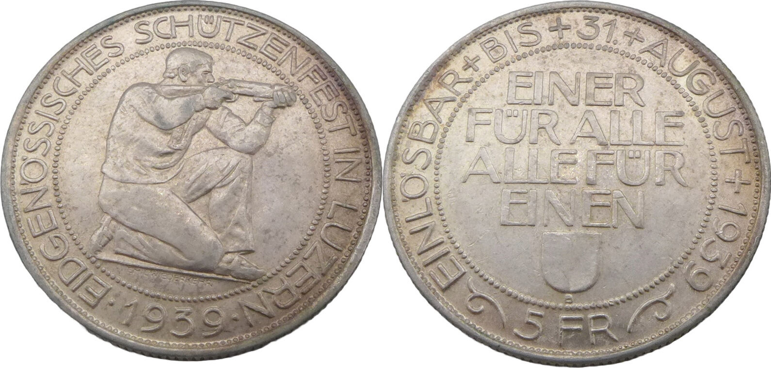 Schweiz 5 Franken 1939 B Eidgenössisches Schützenfest 1939 in Luzern f.stgl,leichte Patina | MA ...