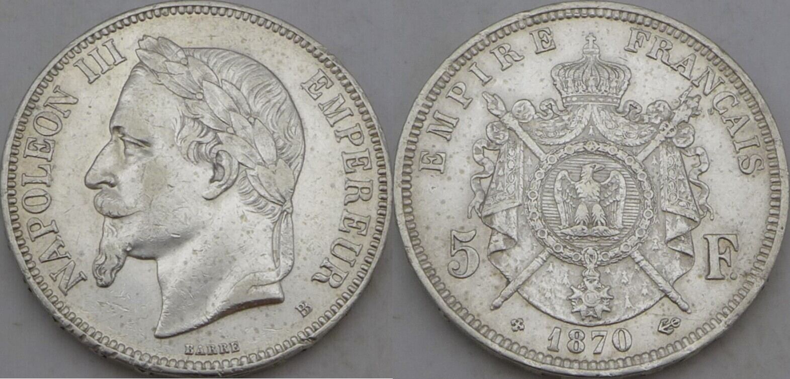Frankreich 5 Francs 1870 BB Napoleon III. (1852-1870) - Empereur - Empire Francais ss/vzgl | MA ...