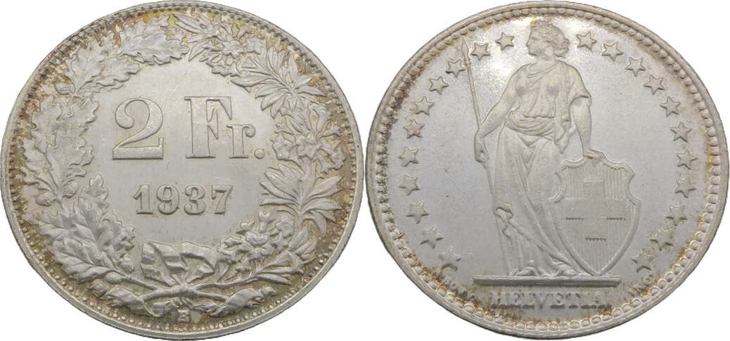 Schweiz 2 Franken 1937 f.stgl,leichte Patina | MA-Shops
