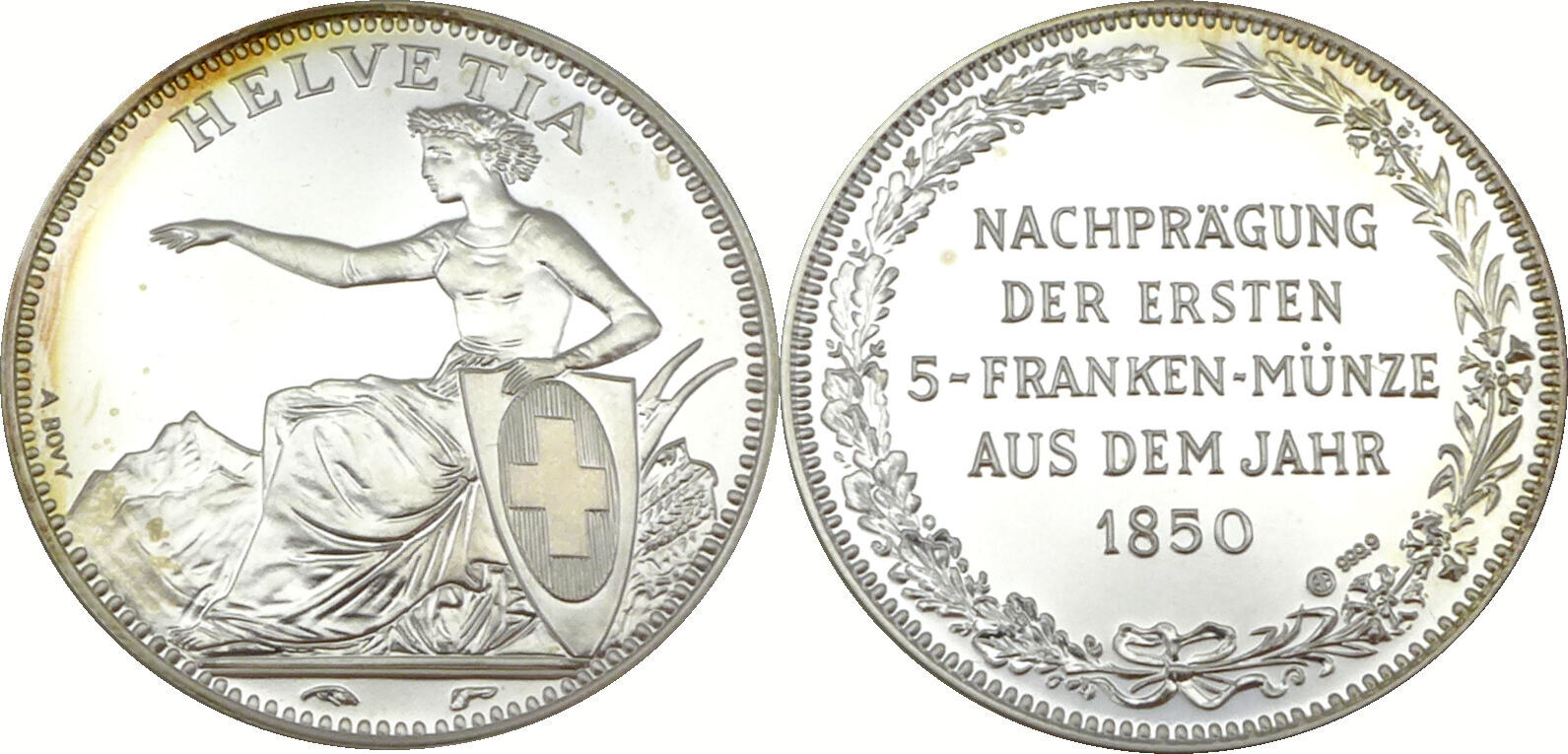Schweiz Medaille / 1 Unze Feinsilber o. J. Helvetia - Nachprägung der ersten 5-Franken-Münze aus ...