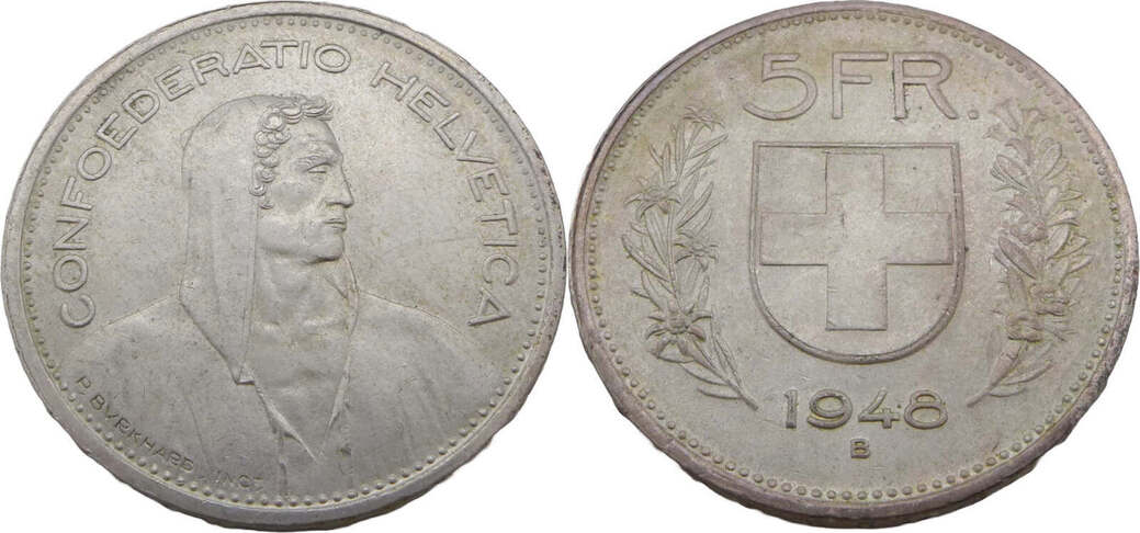 Schweiz 5 Franken 1948 B f.stgl,leichte Patina | MA-Shops