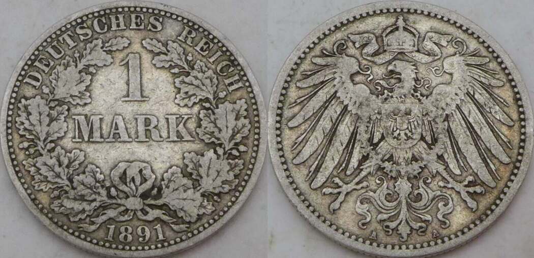Deutsches Kaiserreich 1 Mark 1891 A Eine Mark - J.17 ss, mit Patina ...
