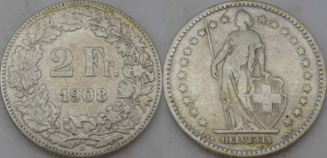 Schweizerische Eidgenossenschaft / Schweiz 2 Franken 1908 B Helvetia - Eidgenossenschaft - 2 Fr ...