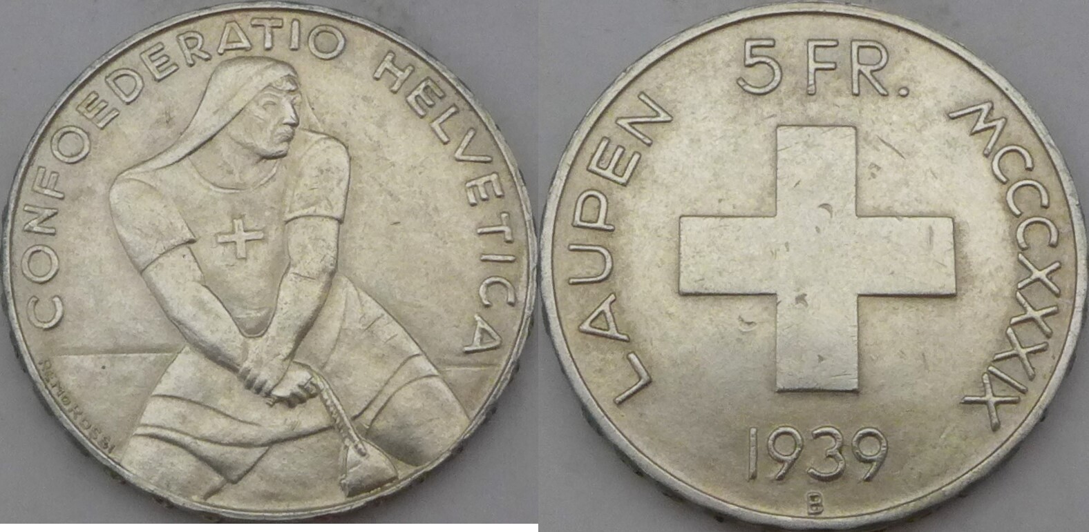 Schweizerische Eidgenossenschaft / Schweiz 5 Franken 1939 B 600. Jahrestag der Schlacht bei ...