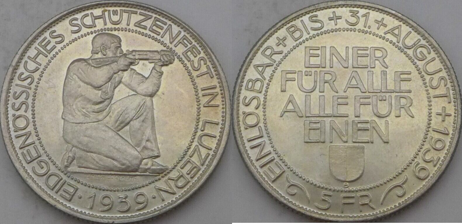 Schweizerische Eidgenossenschaft / Schweiz 5 Franken 1939 B Eidgenössisches Schützenfest in ...