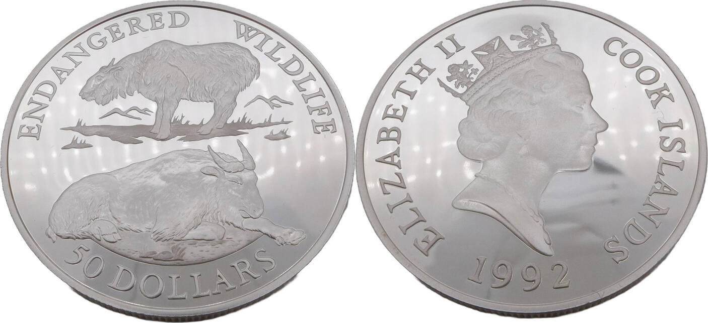 Cook Islands 50 Dollar 1992 Bedrohte Tierwelt - Takin Polierte Platte ...