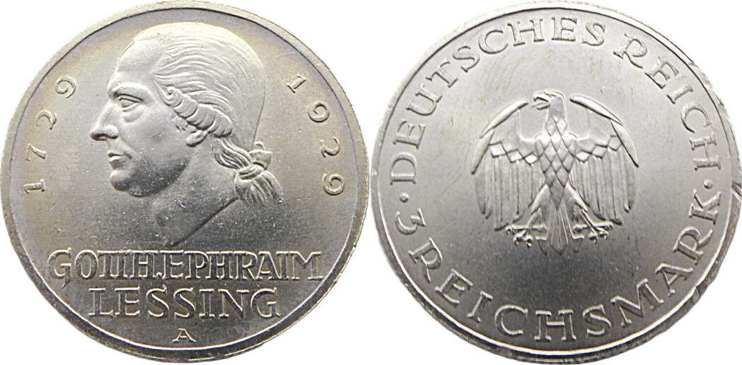 Deutschland / Weimarer Republik 3 Mark 1929 Lessing, J.335 Vzgl, winz ...