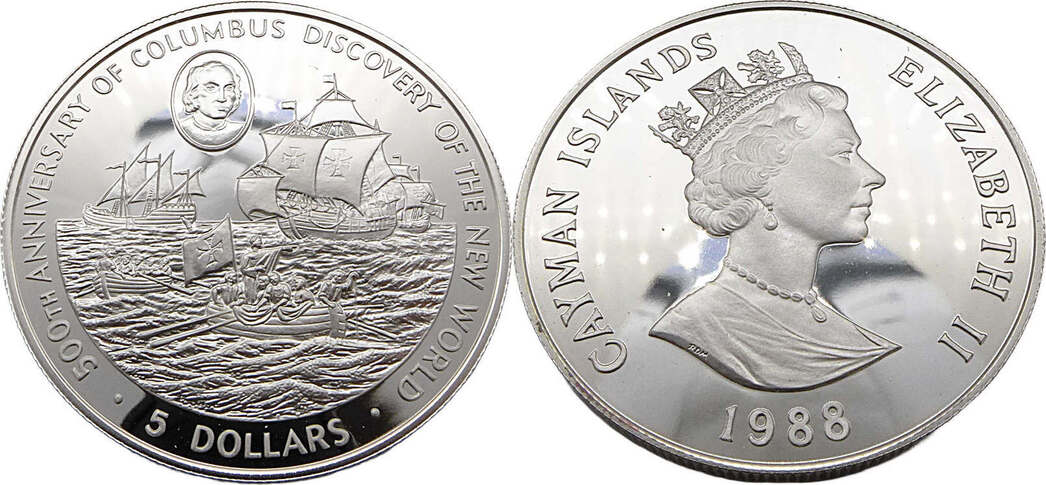 Cayman Islands / Kaiman Inseln 5 Dollars 1988 Columbus Entdeckung America Polierte Platte | MA-Shops