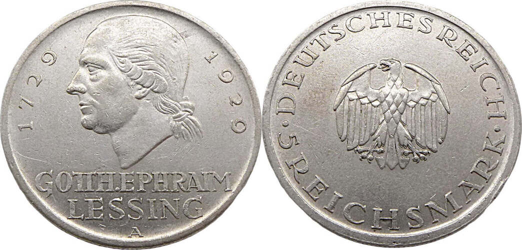 Weimarer Republik 5 Reichsmark 1929 G.E.Lessing,J.336 f.Vzgl | MA-Shops
