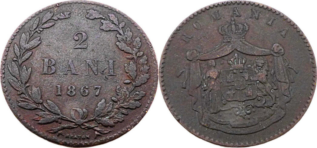 Rumänien 2 Bani 1867 Standard Umlaufmünze, Karl I ss | MA-Shops