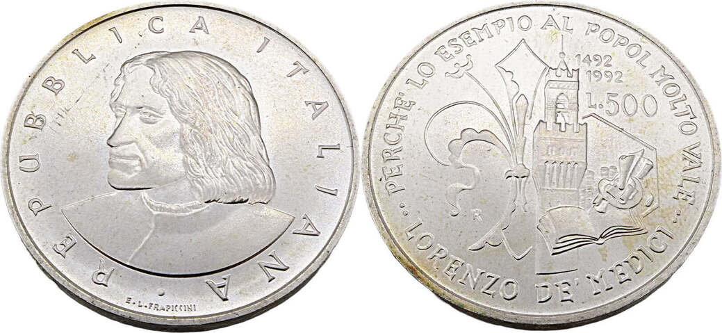 Italien 500 Lire 1992 500. Jahrestag des Todes von Lorenzo de' Medici fast Stgl | MA-Shops