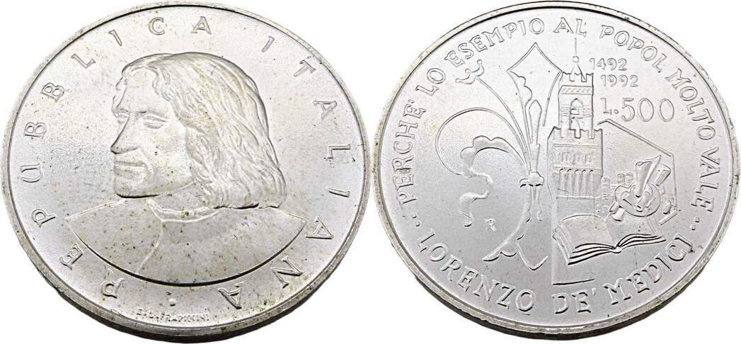 Italien 500 Lire 1992 500. Jahrestag des Todes von Lorenzo de' Medici f.stgl | MA-Shops