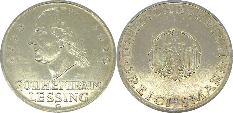 Deutschland 1929 G J336 5 Mark Lessing "G" vz/st | MA-Shops