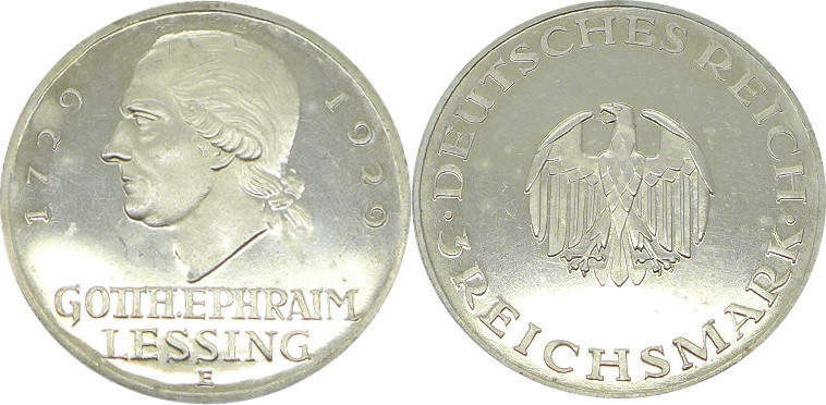 Deutschland 1929 E J335 3 Mark Lessing "E" PP!bester Kontrast! Makellos ...