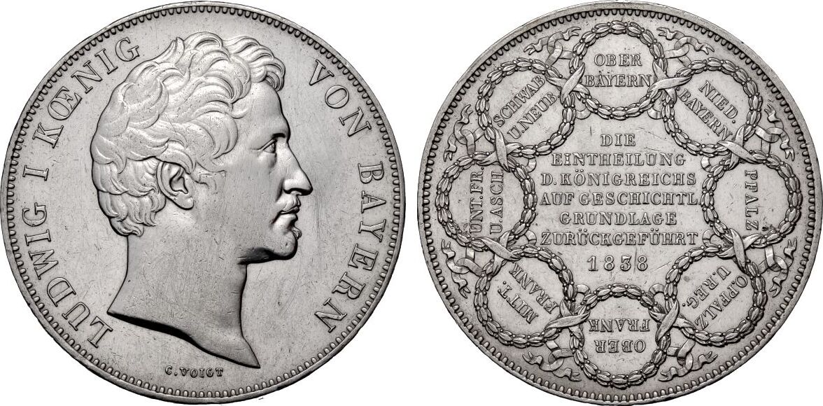 Bayern Doppeltaler 1838 Ludwig I. 1825 - 1848 - Einteilung d. Königreichs ss-vz, Vs. ber. | MA-Shops