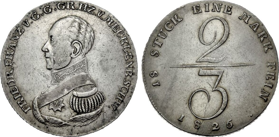 Mecklenburg-Schwerin 2/3 Taler 1826 Friedrich Franz I. 1785-1837 vz, kl. Zainende, winz. Rf ...