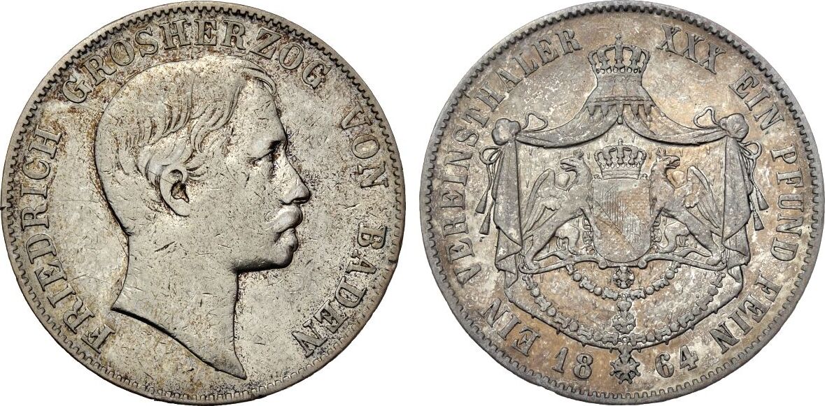Baden Taler 1864 Friedrich I. 1852 - 1907 ss | MA-Shops