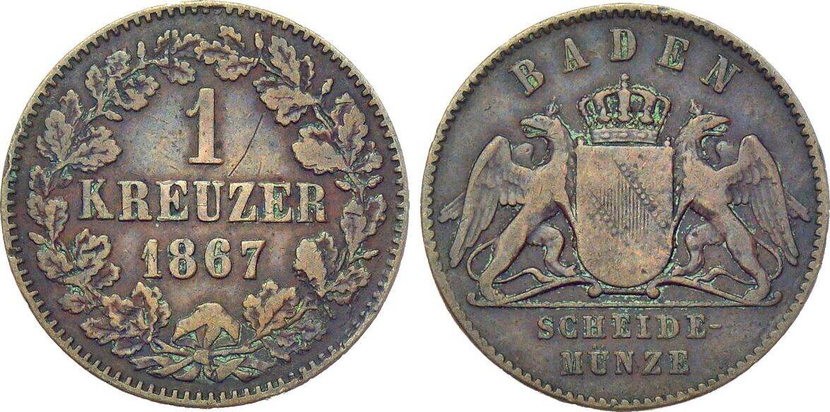 Baden 1 Kreuzer 1867 Friedrich I. 1852 - 1907 ss | MA-Shops
