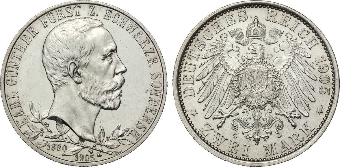 Schwarzburg-Sondershausen 2 Mark 1905 A Karl Günther 1880 - 1909 - breiter Randstab vz-st | MA-Shops