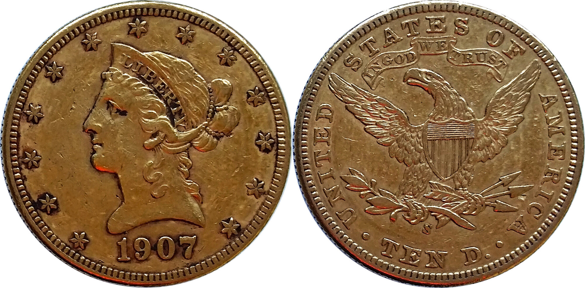 1907-S Gold 10 Dollar United States, Scarce Date Extra Fine | MA-Shops