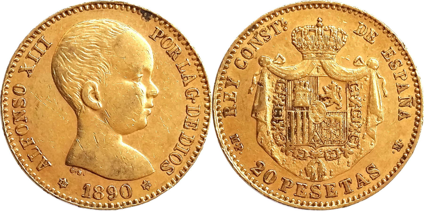 1890 Gold 20 Pesetas Spain, Alfonso XIII Almost Uncirculated | MA-Shops