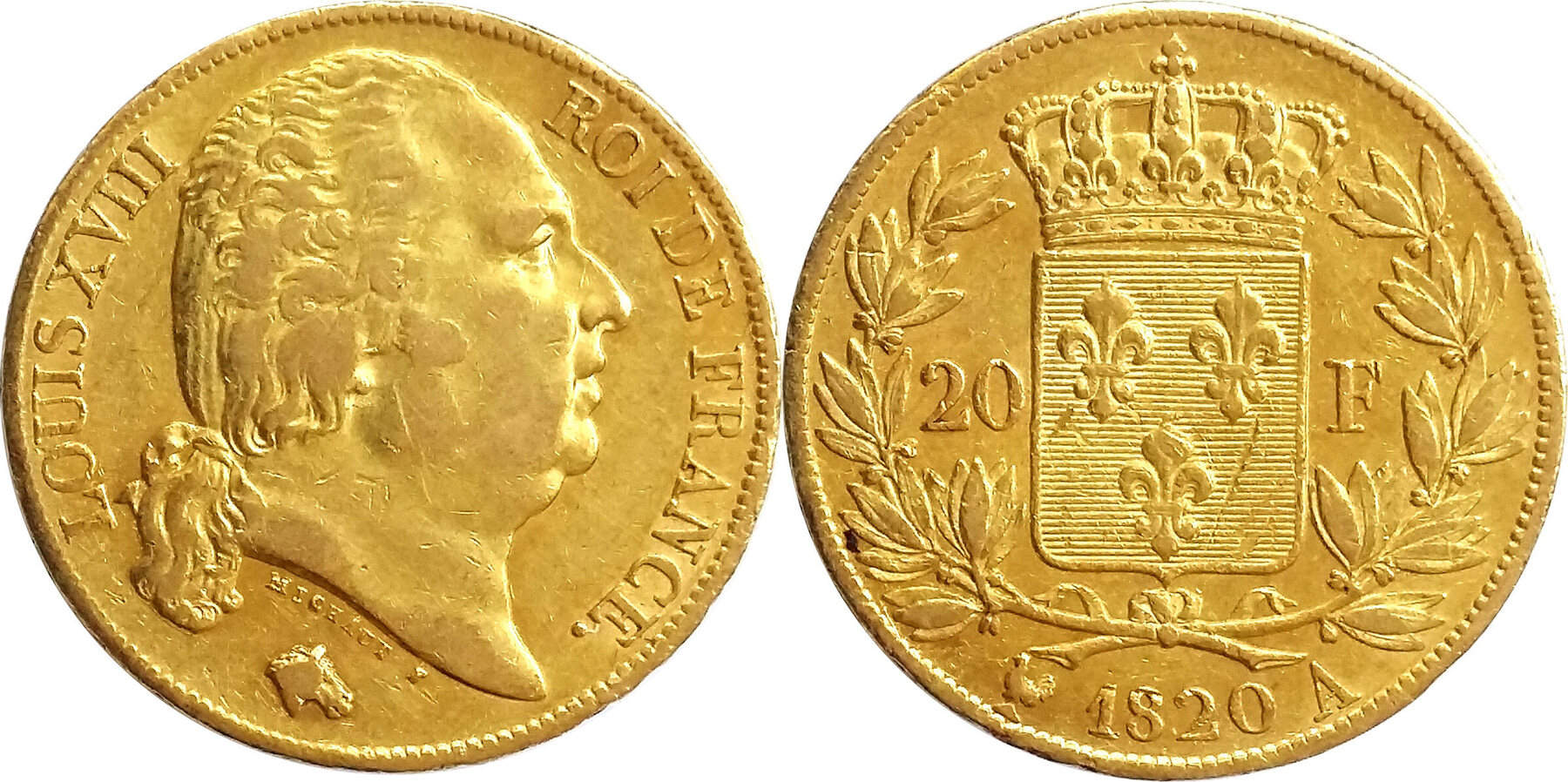 1820 Gold 20 Francs, France, Louis XVIII, Scarce Extra Fine | MA-Shops