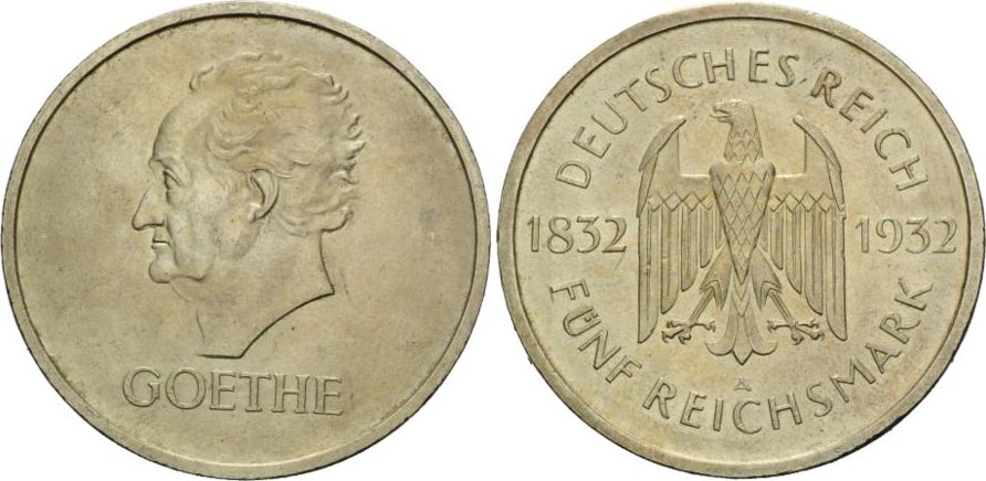 Weimarer Republik, 5 Mark 1932 A, Goethe, kl.Kr., f.st | MA-Shops