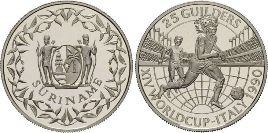 Suriname, 25 Guilders 1990, Fußball-Weltmeisterschaft 1990 in Italien ...