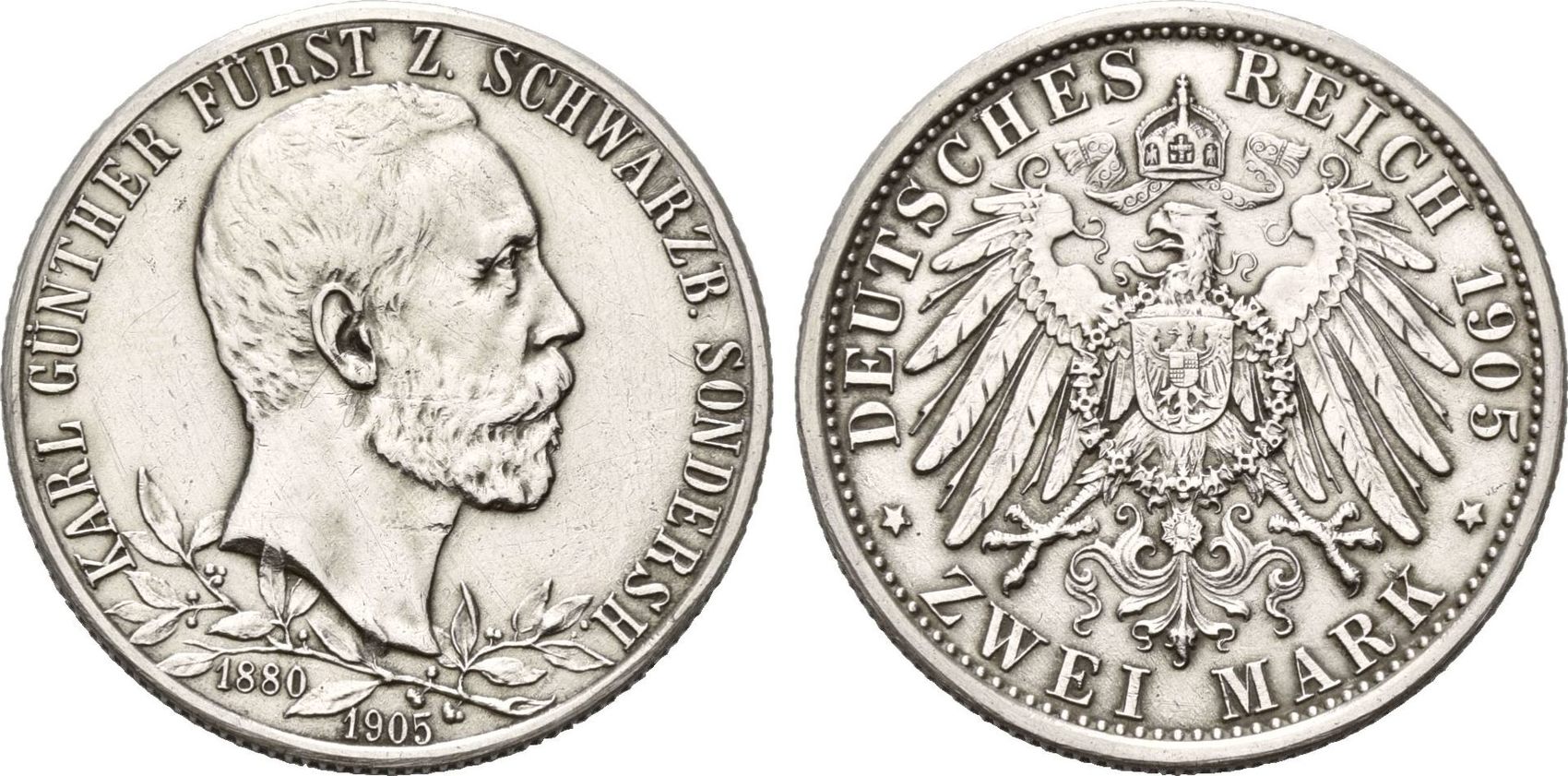 Schwarzburg-Sondershausen, 2 Mark 1905 A, Karl Günther, 1880-1909, viele Kr., ss+ | MA-Shops