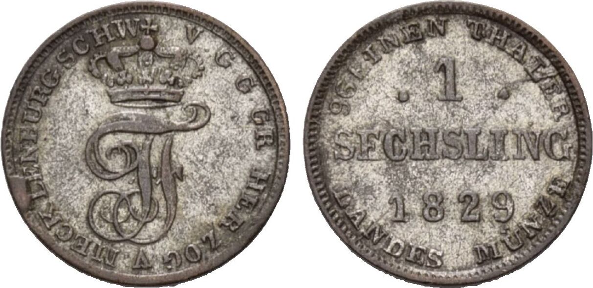 Mecklenburg-Schwerin, Sechsling = 6 Pfennig 1829, Friedrich Franz I., 1785-1837, ss | MA-Shops