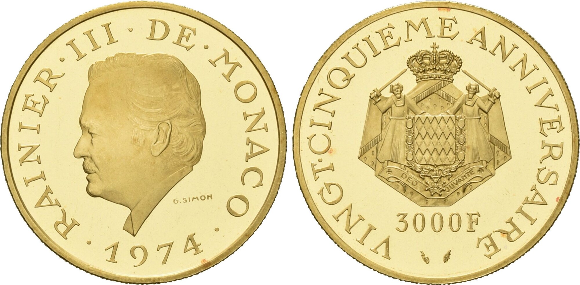 Monaco, 3000 Francs 1974, 25. Thronjubiläum Rainer III., Kapsel, PP ...