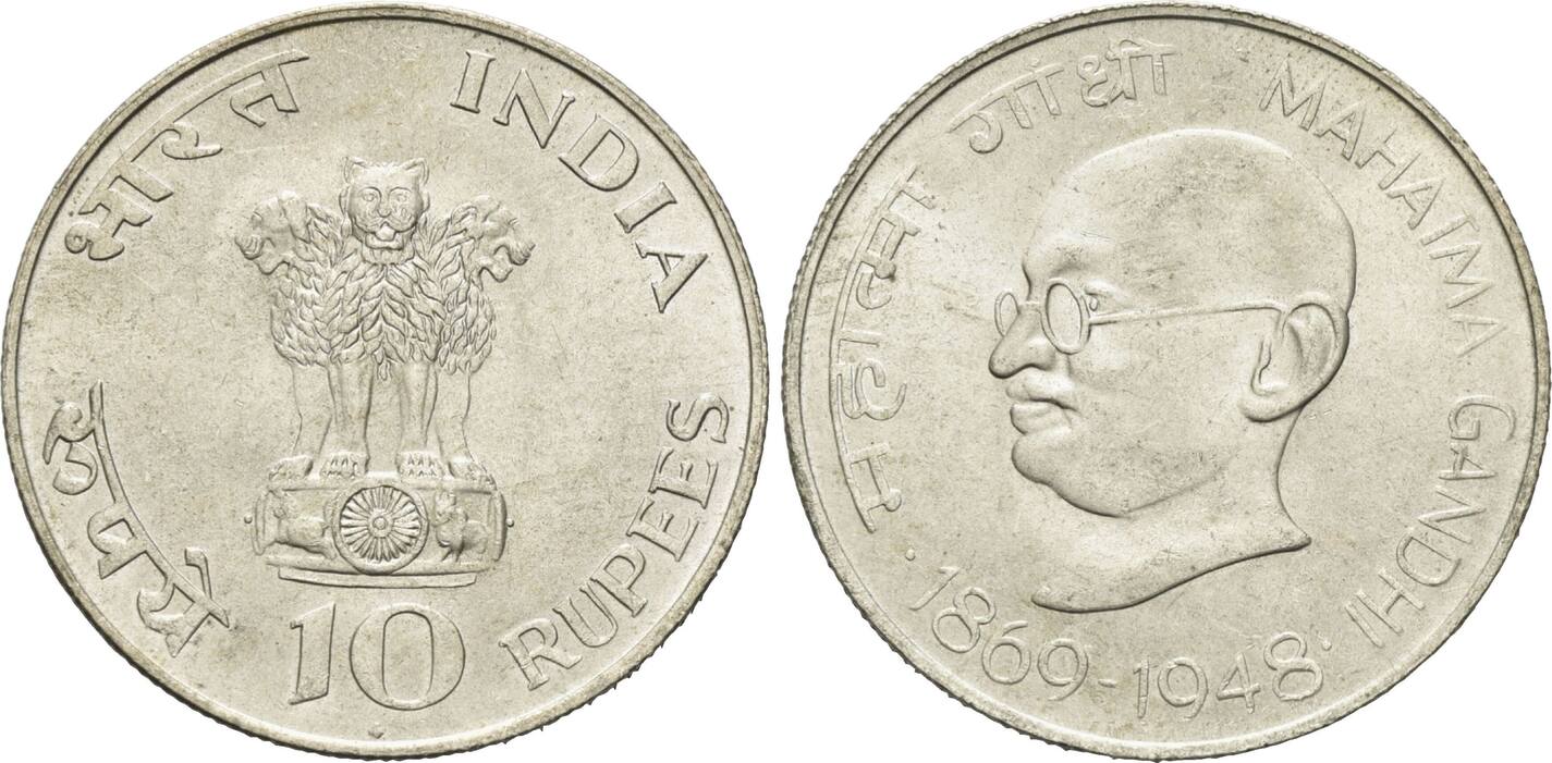 Indien, 10 Rupien 1969, 100. Geburtstag von Mahadma Gandhi, vz+ | MA-Shops