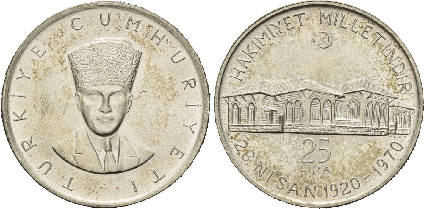 Türkei, 25 Lira 1970, 50 Jahre Türkische Nationalversammlung, Kr., vz ...