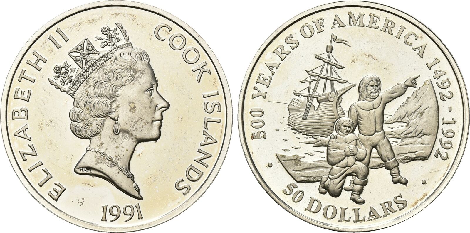 Cook Islands, 50 Dollars 1991, 500 Jahre Amerika - Mayflower, Kapsel, PP | MA-Shops