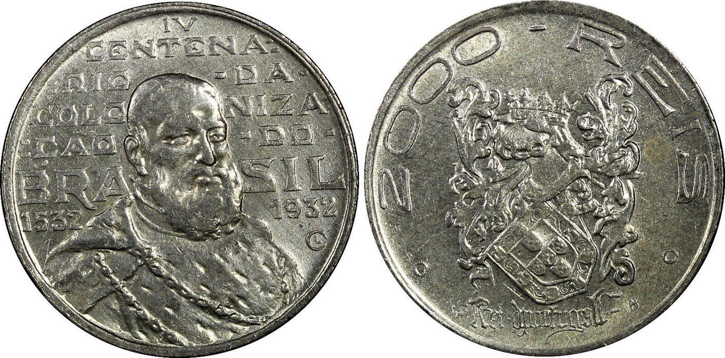 2000 Reis Brazil Silver 1932 400th Anniversary of Colonization KM# 532 ...