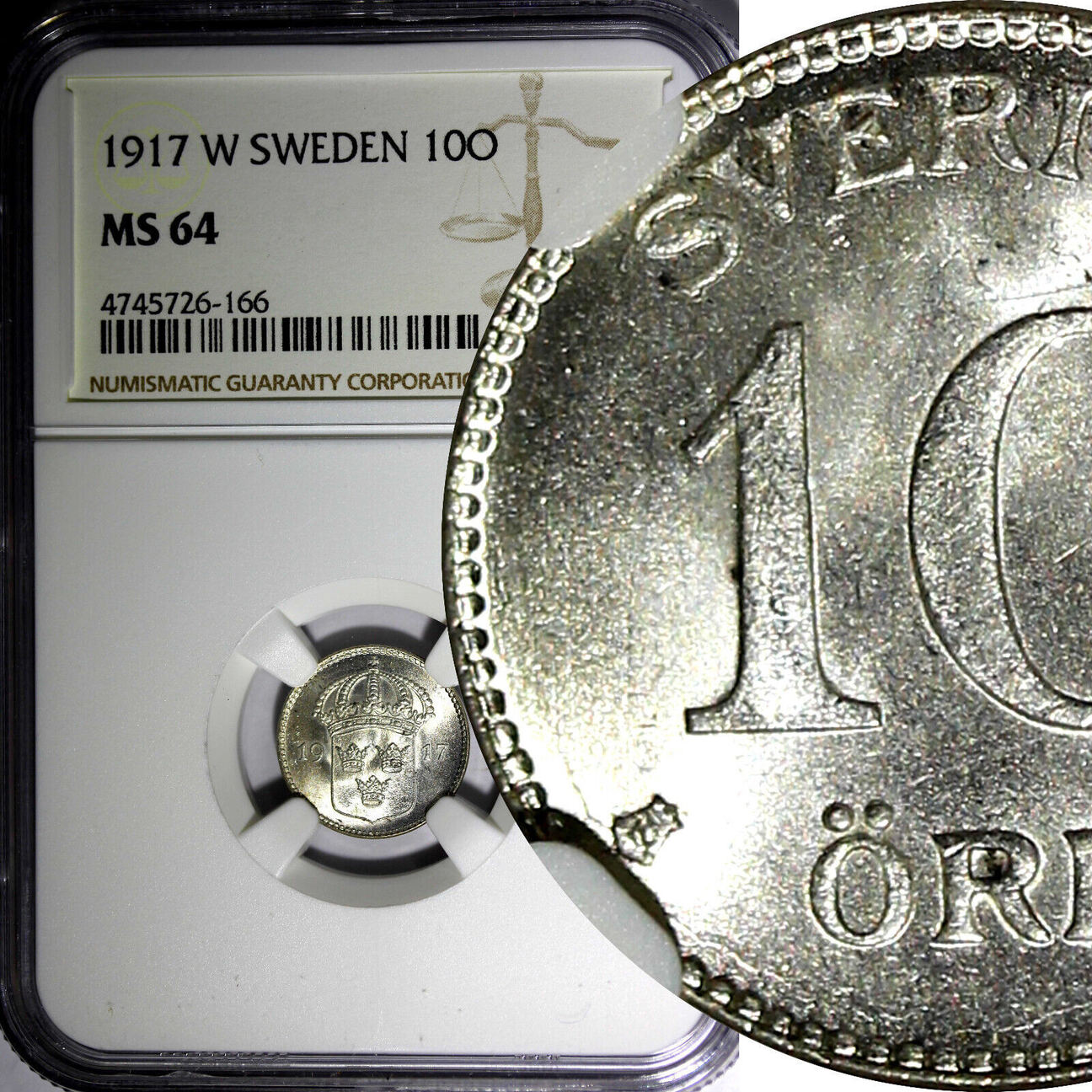 SWEDEN Gustaf V Silver 1917-W 10 Ore NGC MS64 WWI Issue KM#780 (166) | MA-Shops